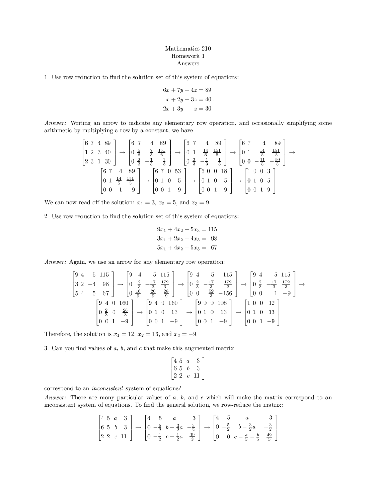 Homework One Answers Linear Algebra Mt 210 Docsity