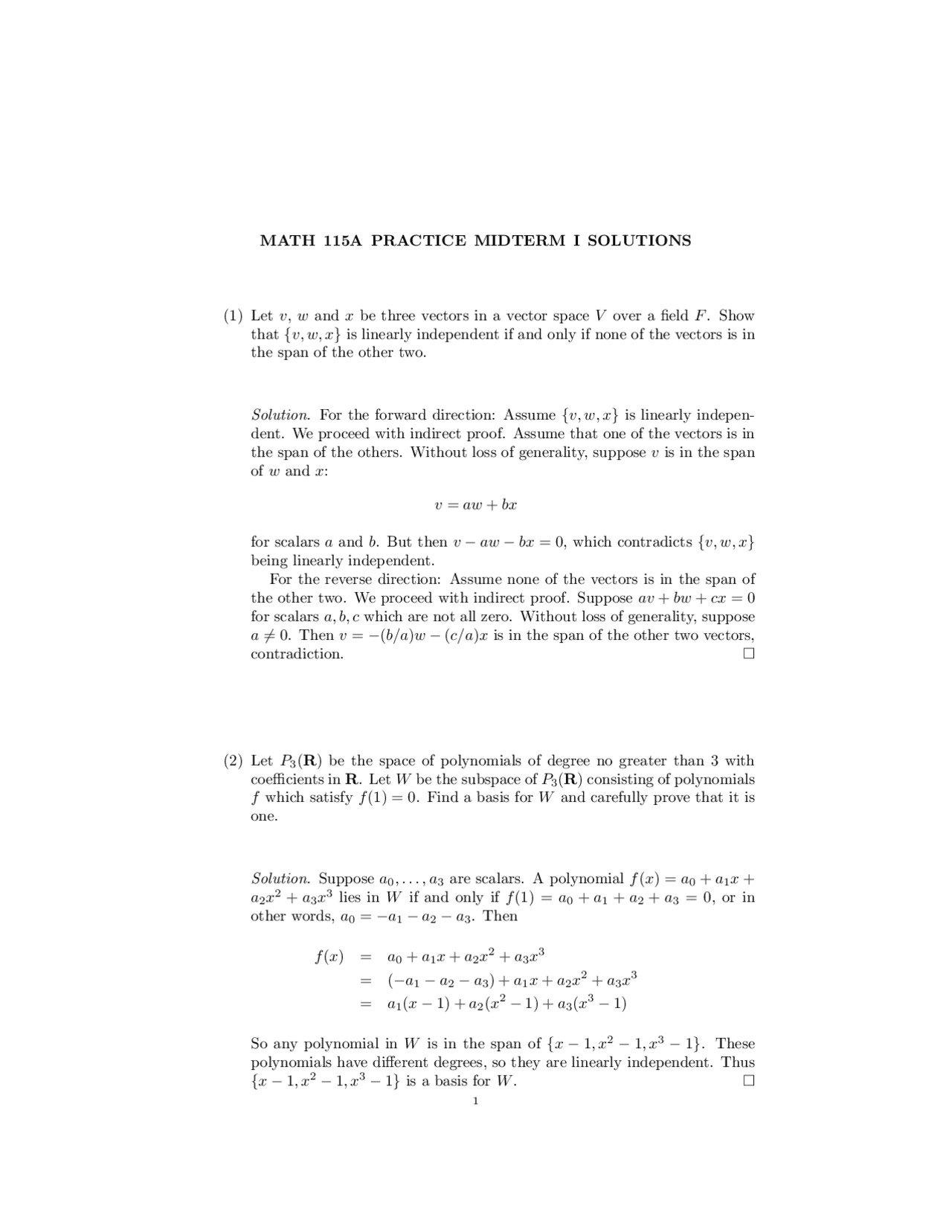 Midterm 1 Solved Linear Algebra Math 115a Docsity