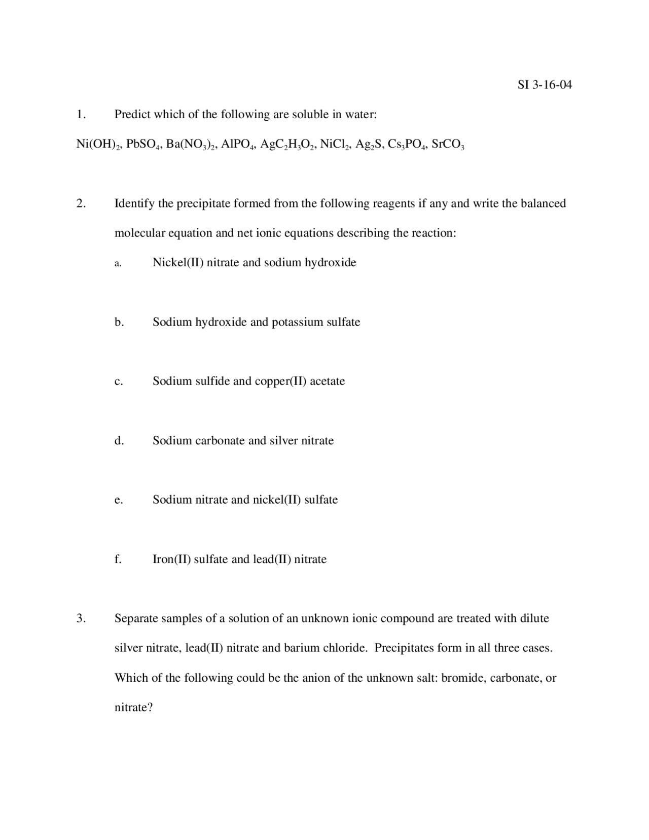 Introduction To Chemistry I Assignment With Unsolved Questions Che