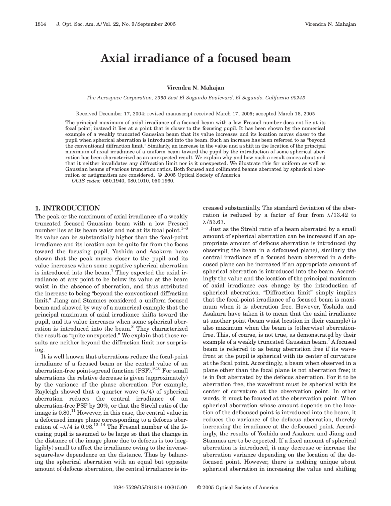 Axial Irradiance Of A Focused Beam Opti 596c Docsity