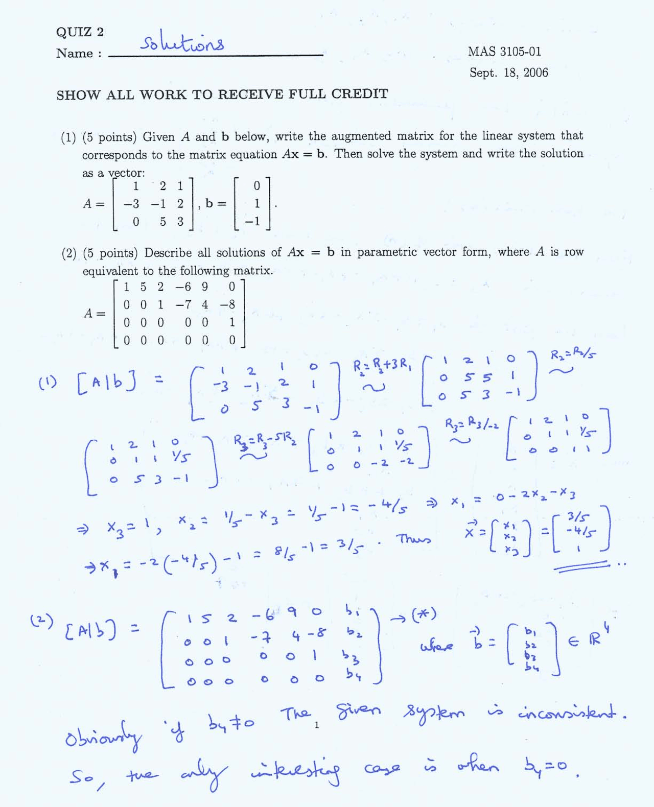 2 Questions with Solutions in Quiz II | MAS 3105 - Docsity