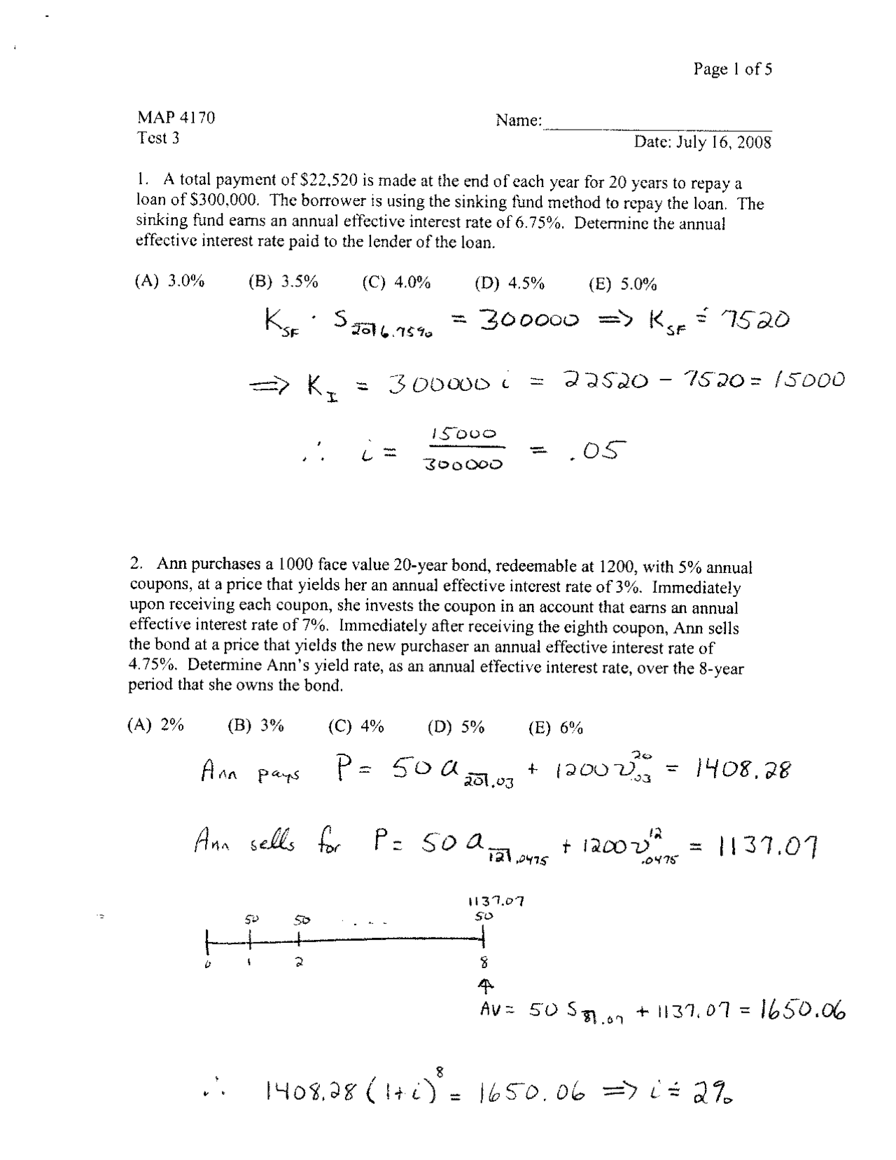 Test 3 With Solution For Introduction To Actuarial Math Map 4170