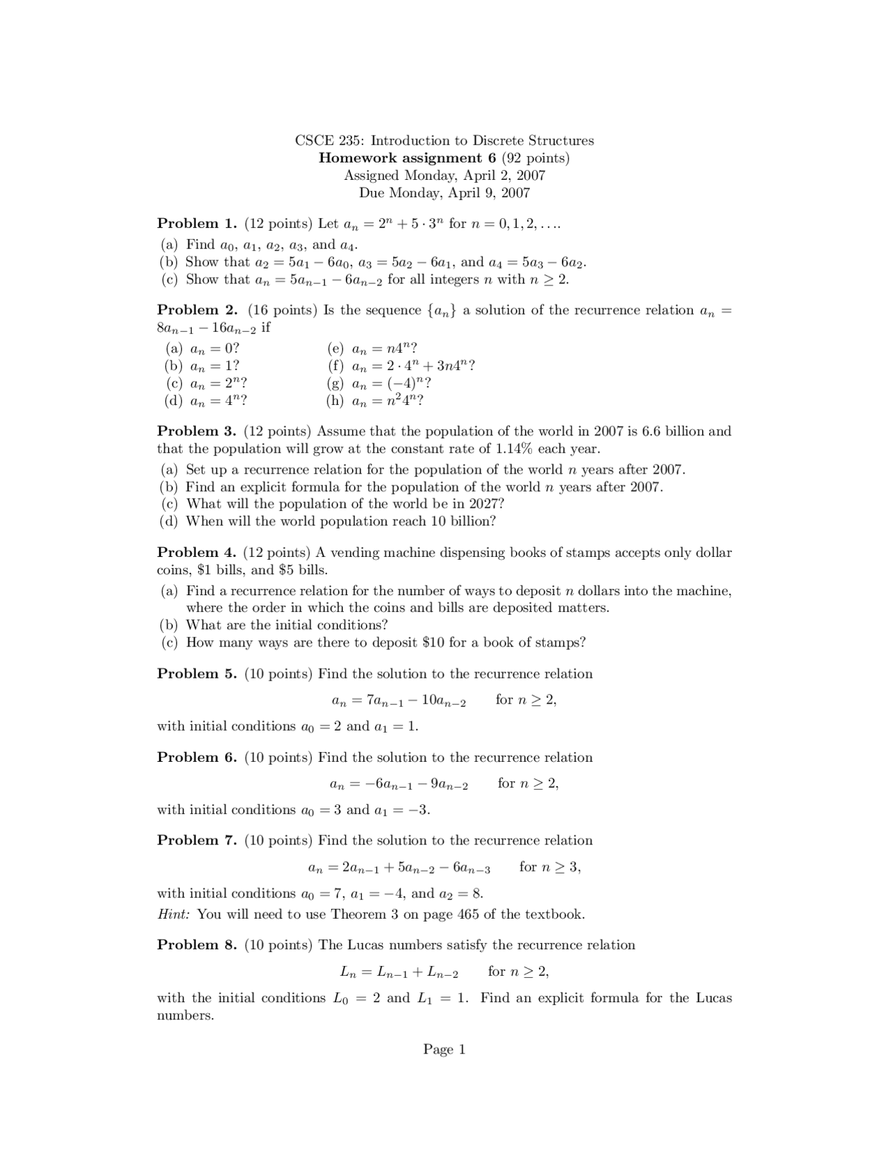 8 Problems For Assignment Introduction To Discrete Structures Csce