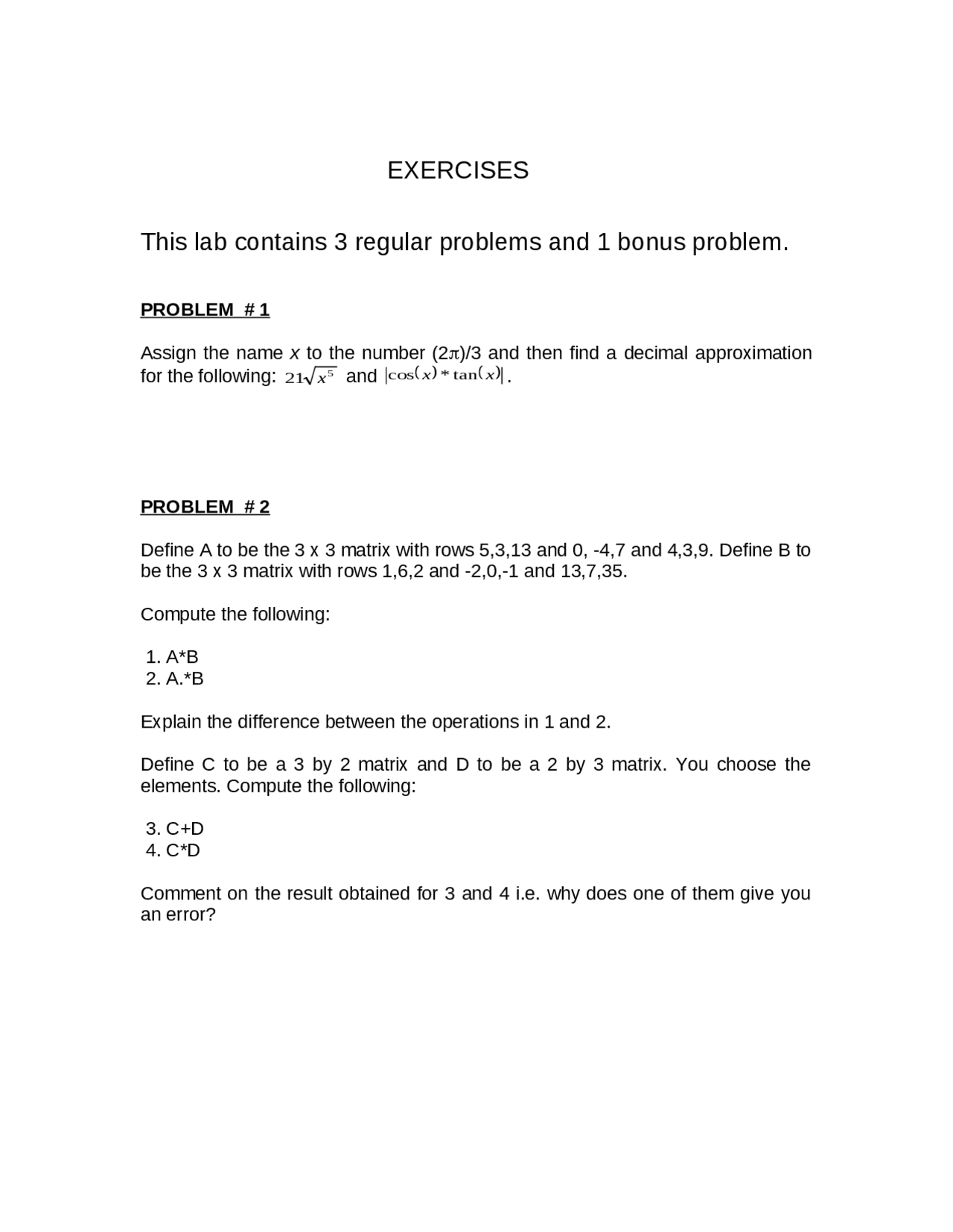 Exercise Practice Problems On Computational Linear Algebra Mat 3930