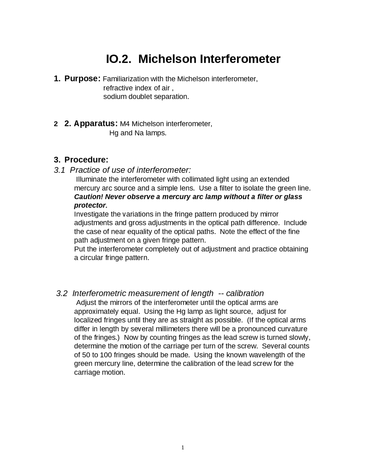 Michelson Interferometer - Laboratory Experiment 3 | PHY 3802L - Docsity