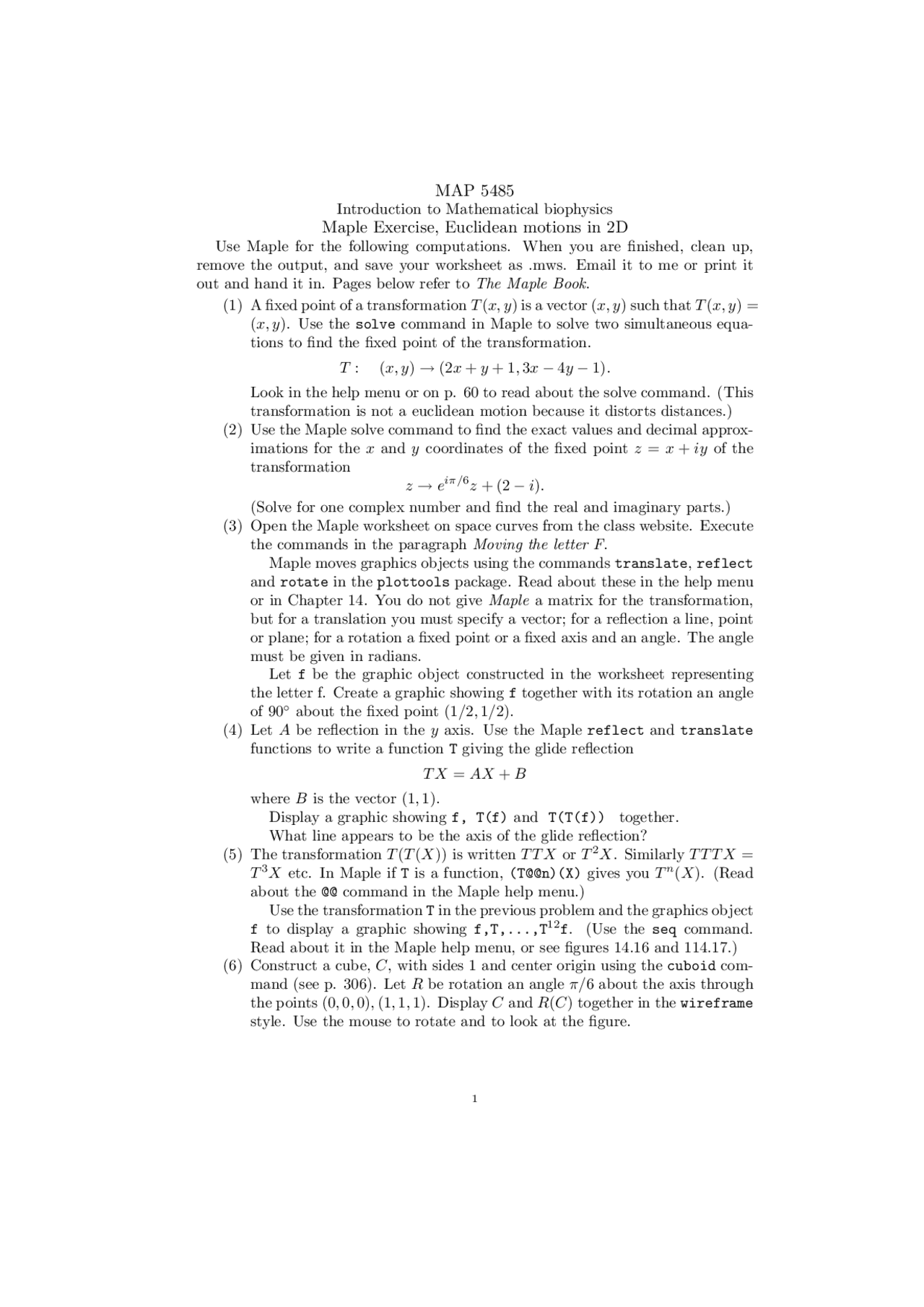 Mathematics Biophysics Homework Problems Map 5485 Docsity