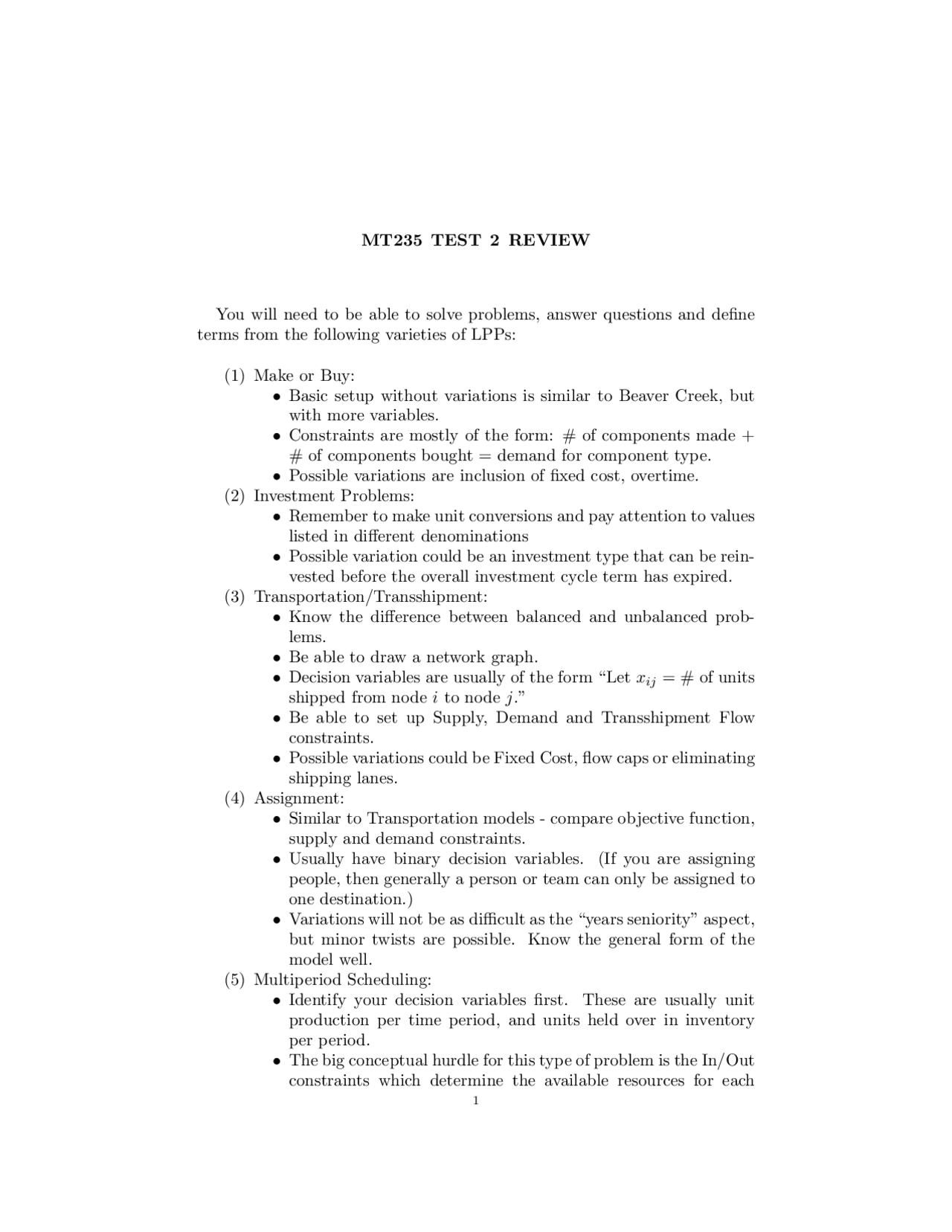 7 Topics on Mathematics for Management Science - Examination 2 | MT 235 - Docsity