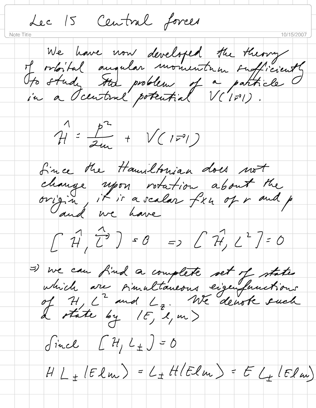 Central Force - Quantum Mechanics - Handwritten Notes | PHY 5645 - Docsity