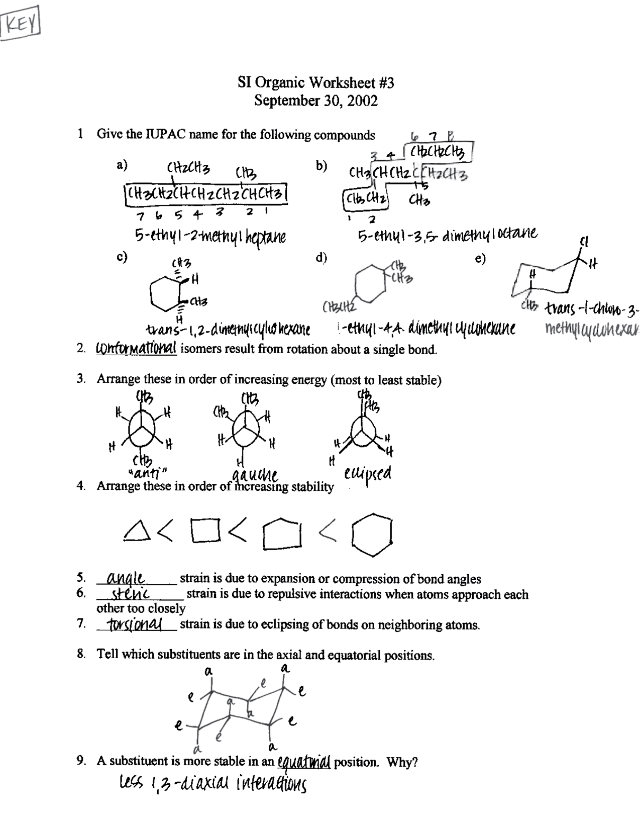 Homework #3 with Answer Key - Organic Chemistry I | CHE 2201 - Docsity