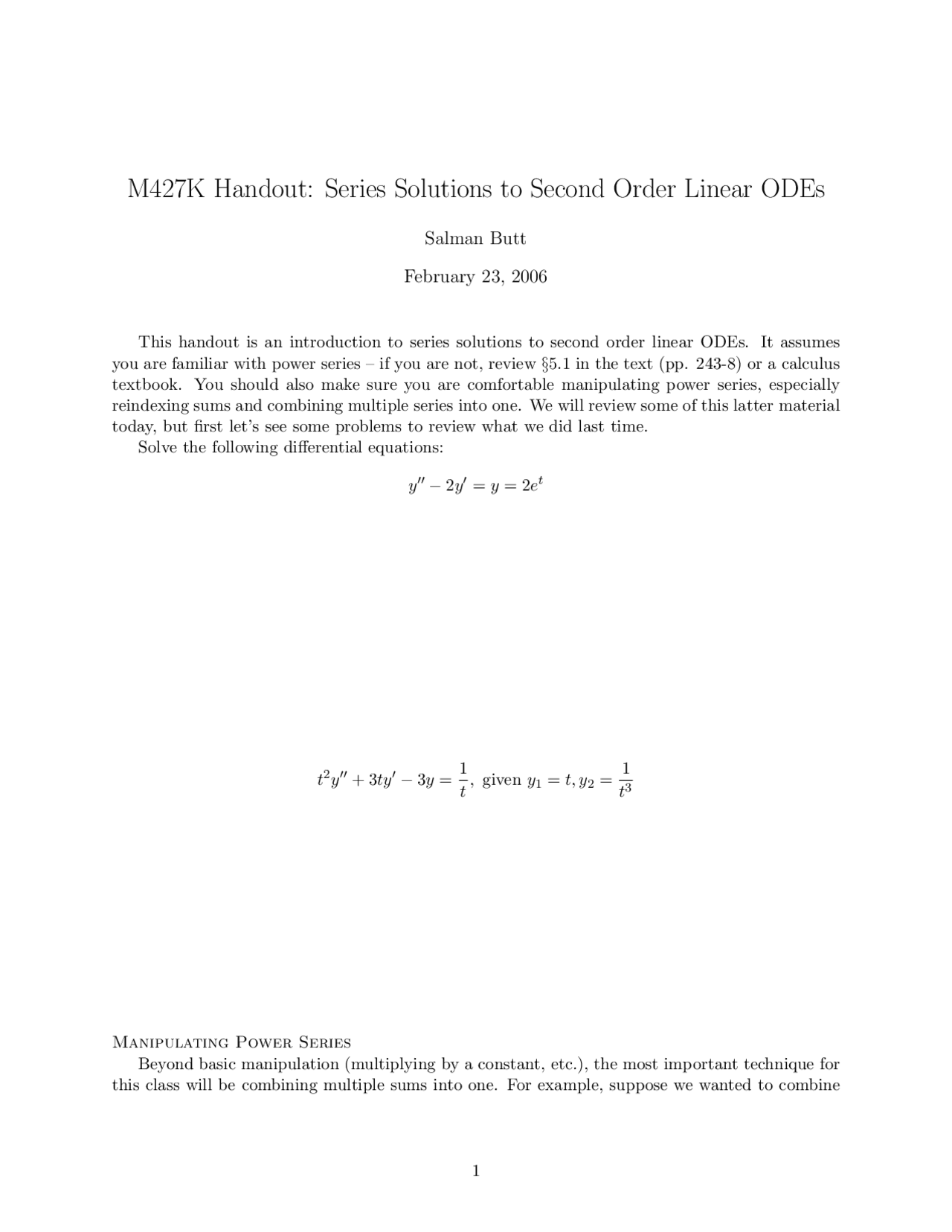Series Solutions To Second Order Linear Odes Handout N 1 Docsity