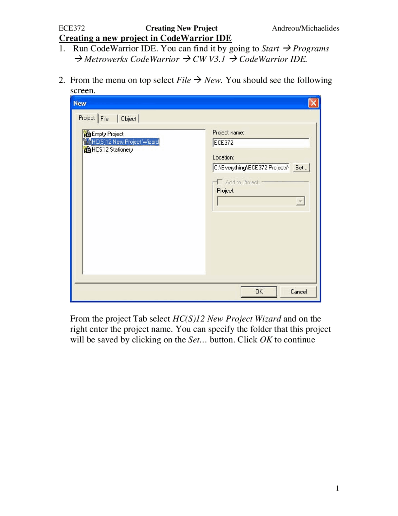 Create A New Project In Codewarrior Ide Ece 372 Docsity