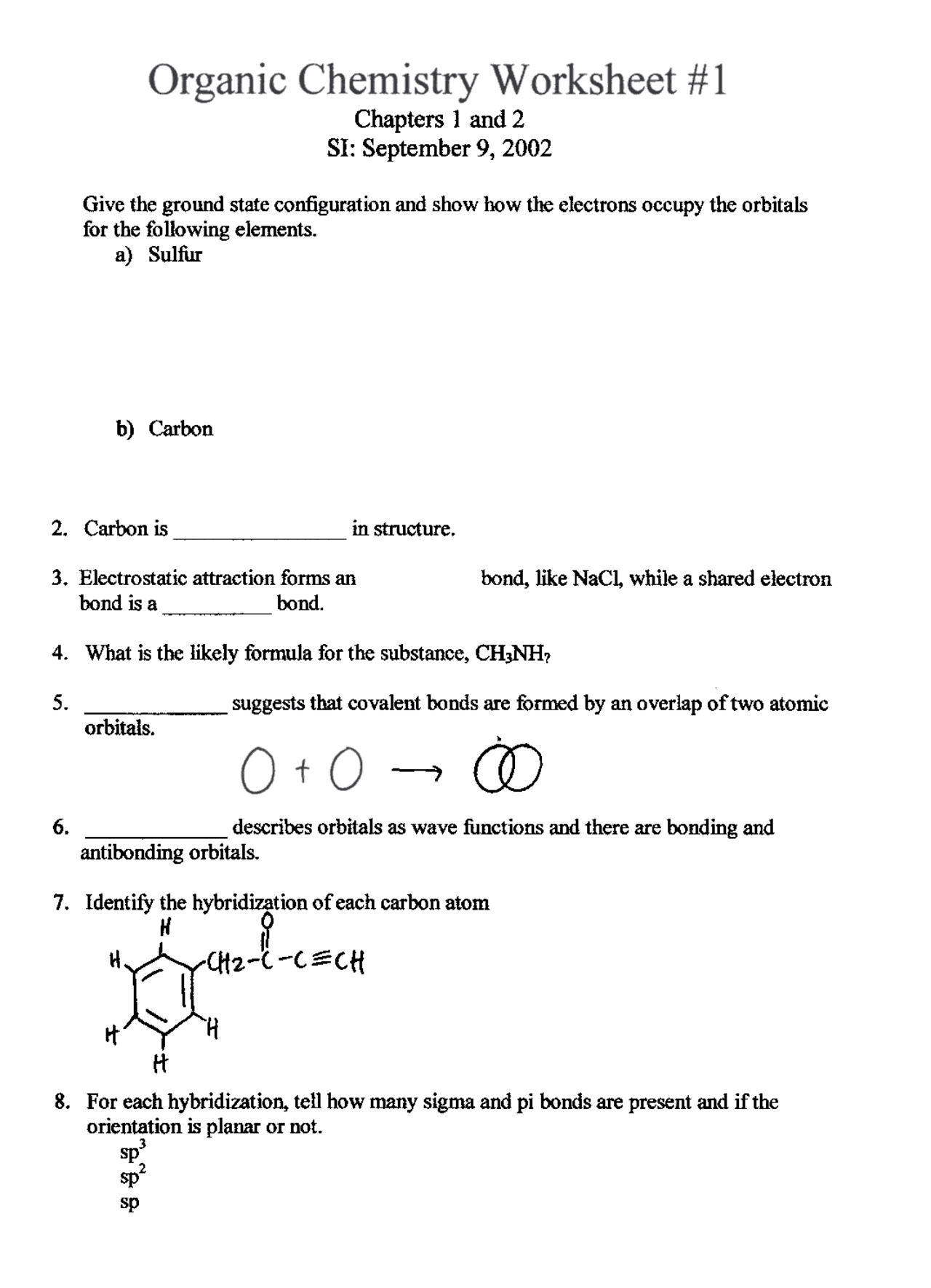 Organic Chemistry I - Worksheet 1 | CHE 2201 - Docsity