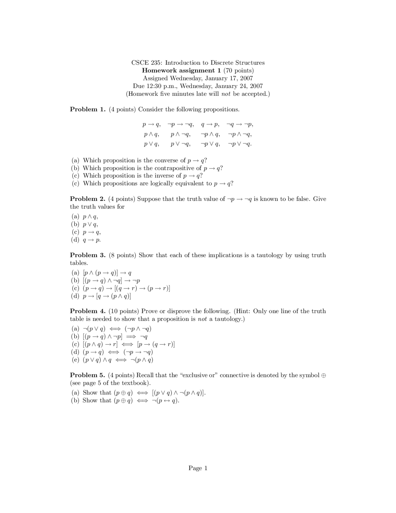Problem Set 1 Introduction To Discrete Structures Csce 235 Docsity 2085