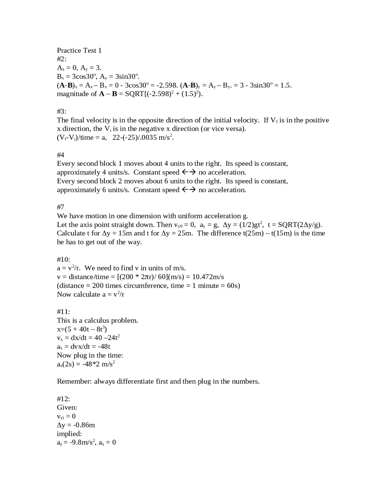 Practice Test For Introduction To Physics I Phys 135 Docsity