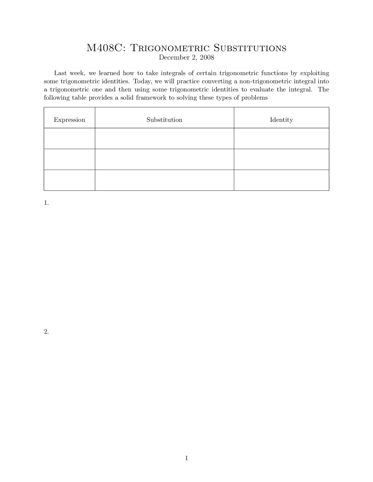 Test Practice Questions On Trigonometric Substitution Fall 2008 M
