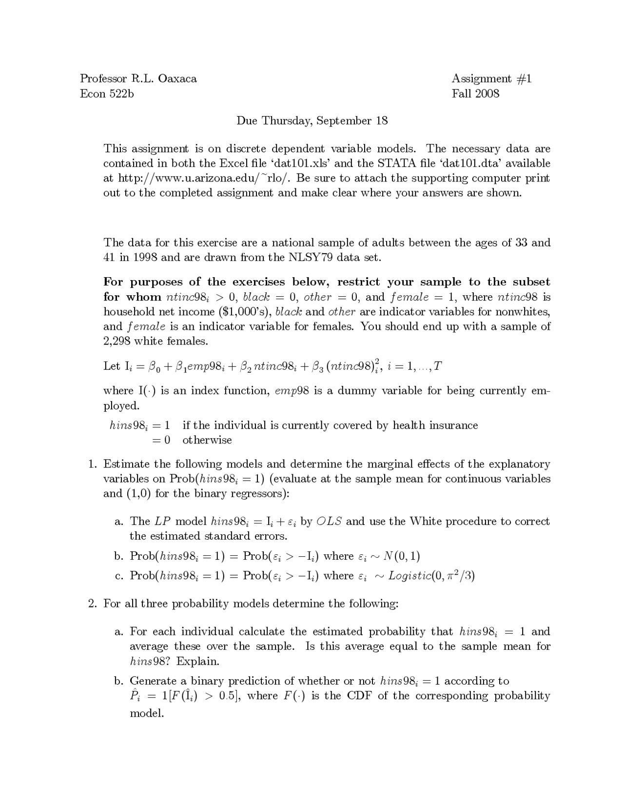 Problem Set 1 For Econometrics Fall 2008 Econ 522b Docsity