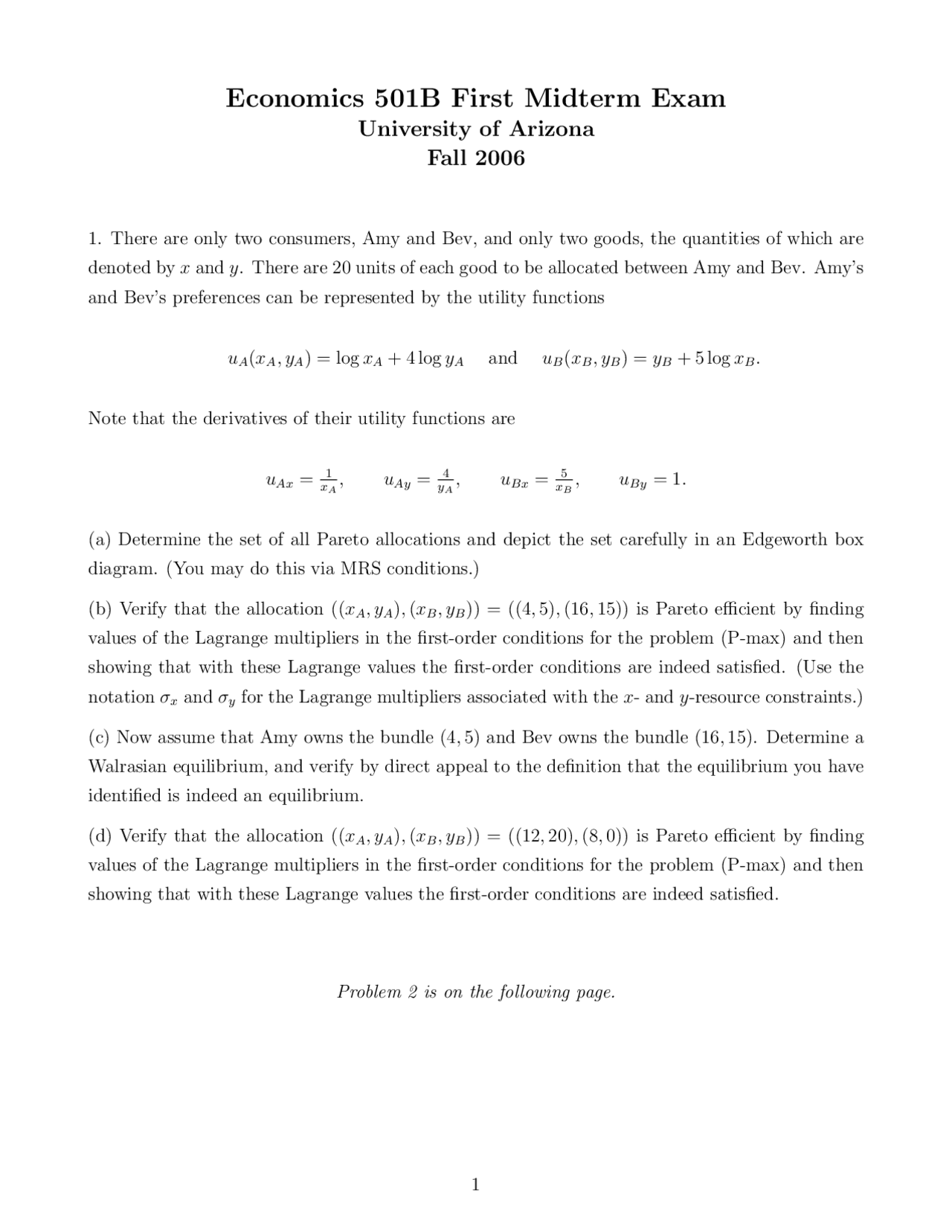 Solved Problems Midterm Exam 1 Microeconomic Theory Econ 501b Docsity