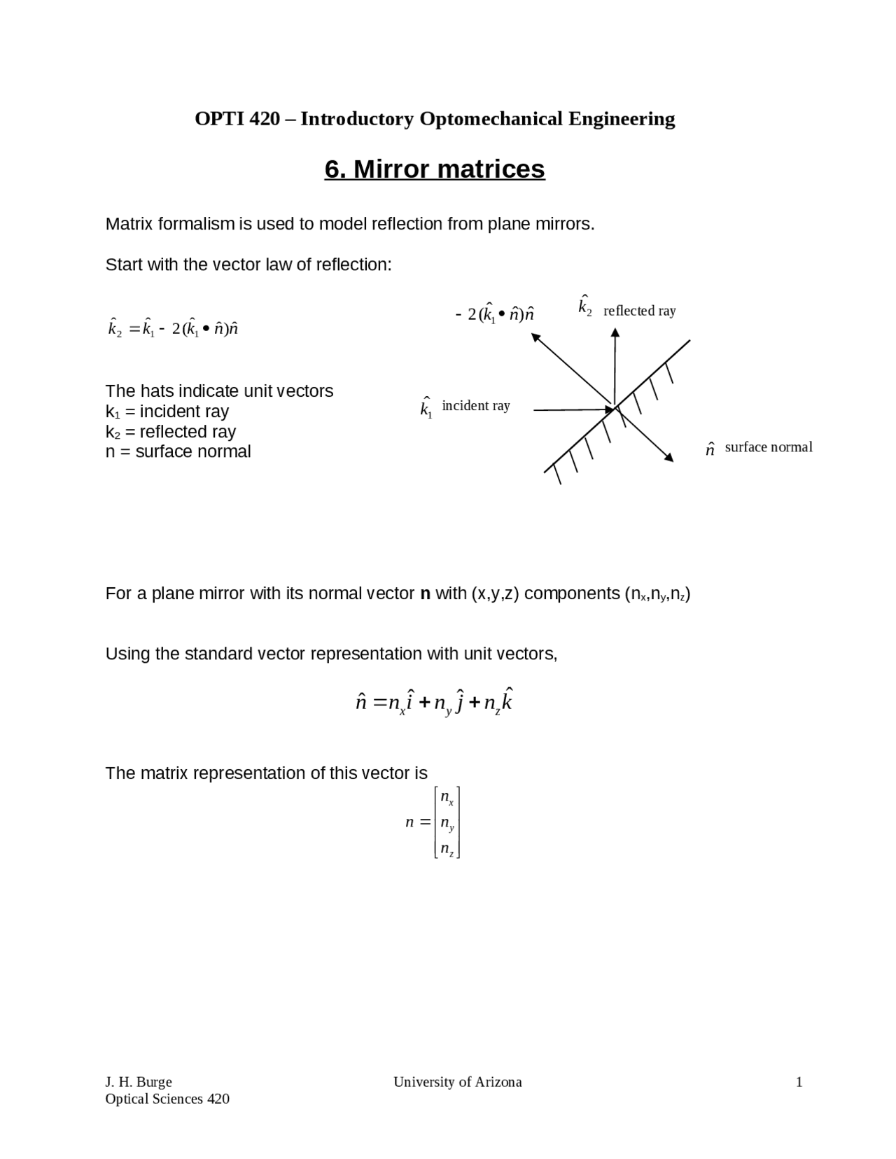 Notes On Mirror Matrices Fundamental Of Applied Optics Laboratory