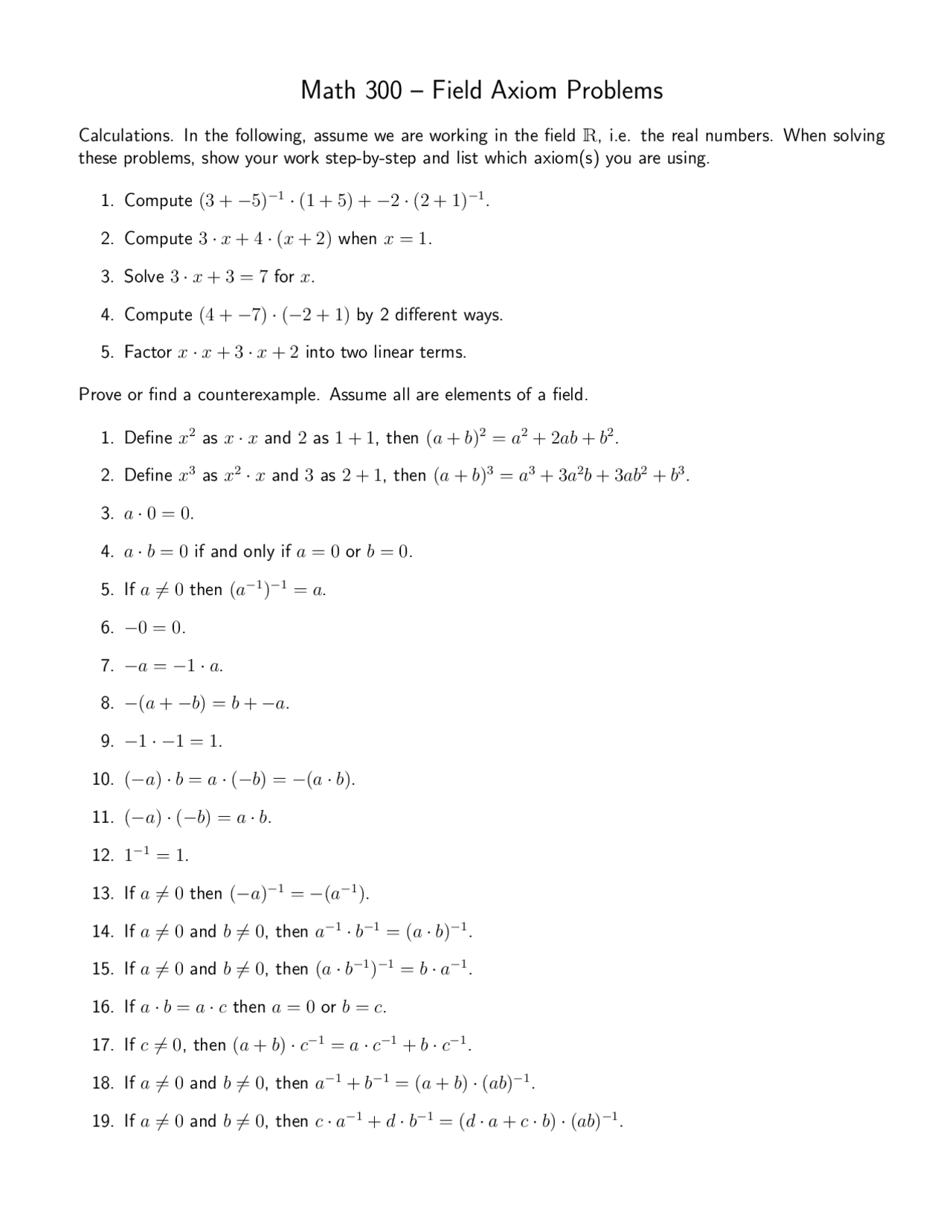 19 Problems on Field axioms of Real Numbers | MATH 300 - Docsity