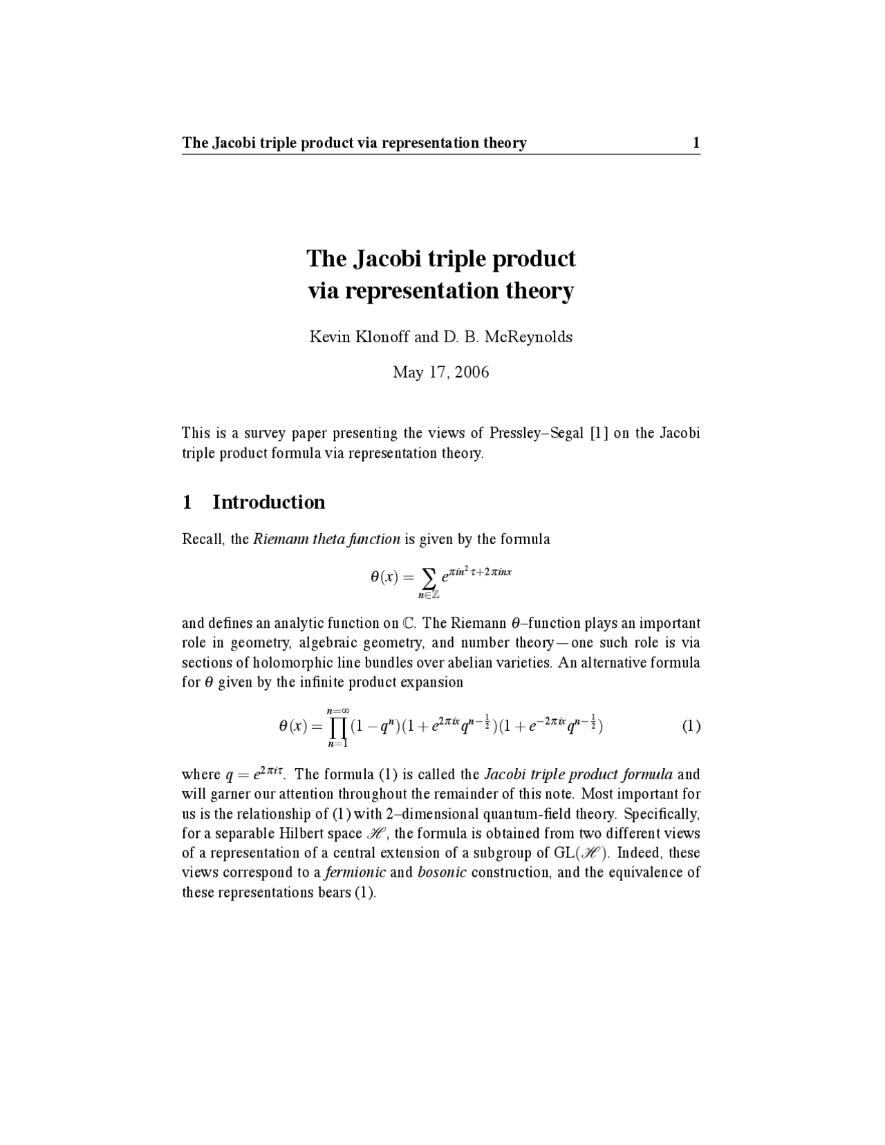 The Jacobi Triple Product Via Representation Theory N 1 Docsity