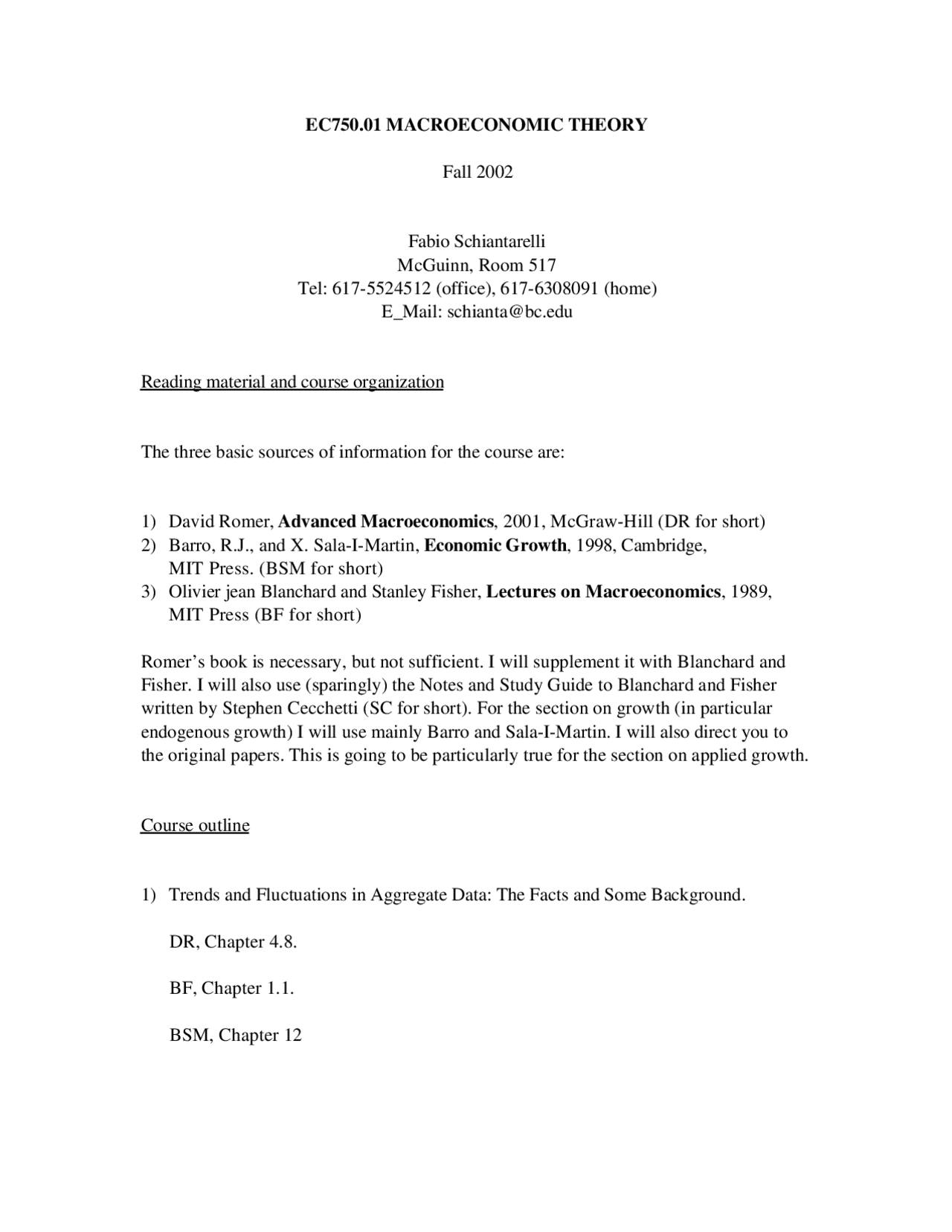 Notes On Macroeconomic Theory I Fall 2002 Ec 750 Docsity