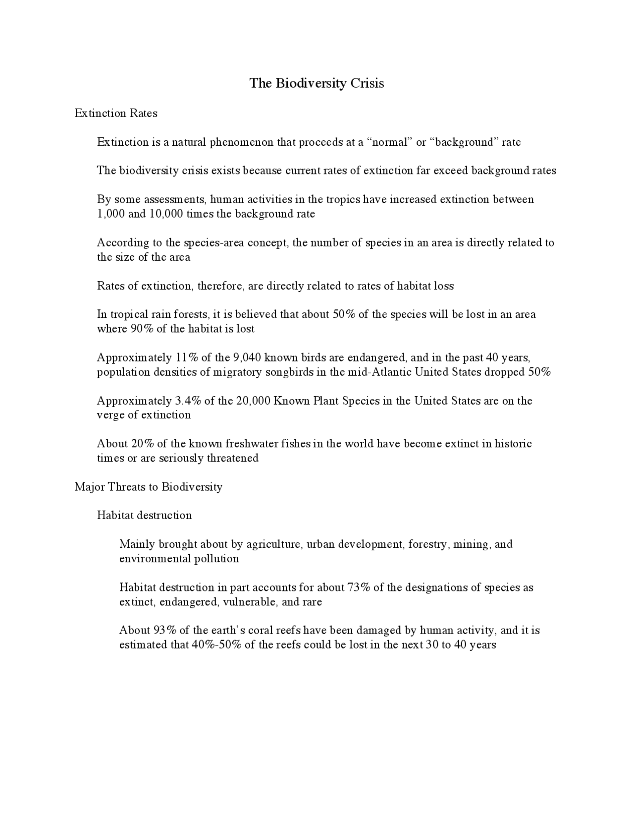 Notes On The Biodiversity Crisis Bio 406d Docsity