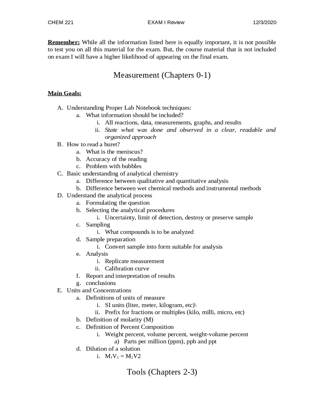 Review Of Exam On Measurement Elementary Quantitative Analysis Chem