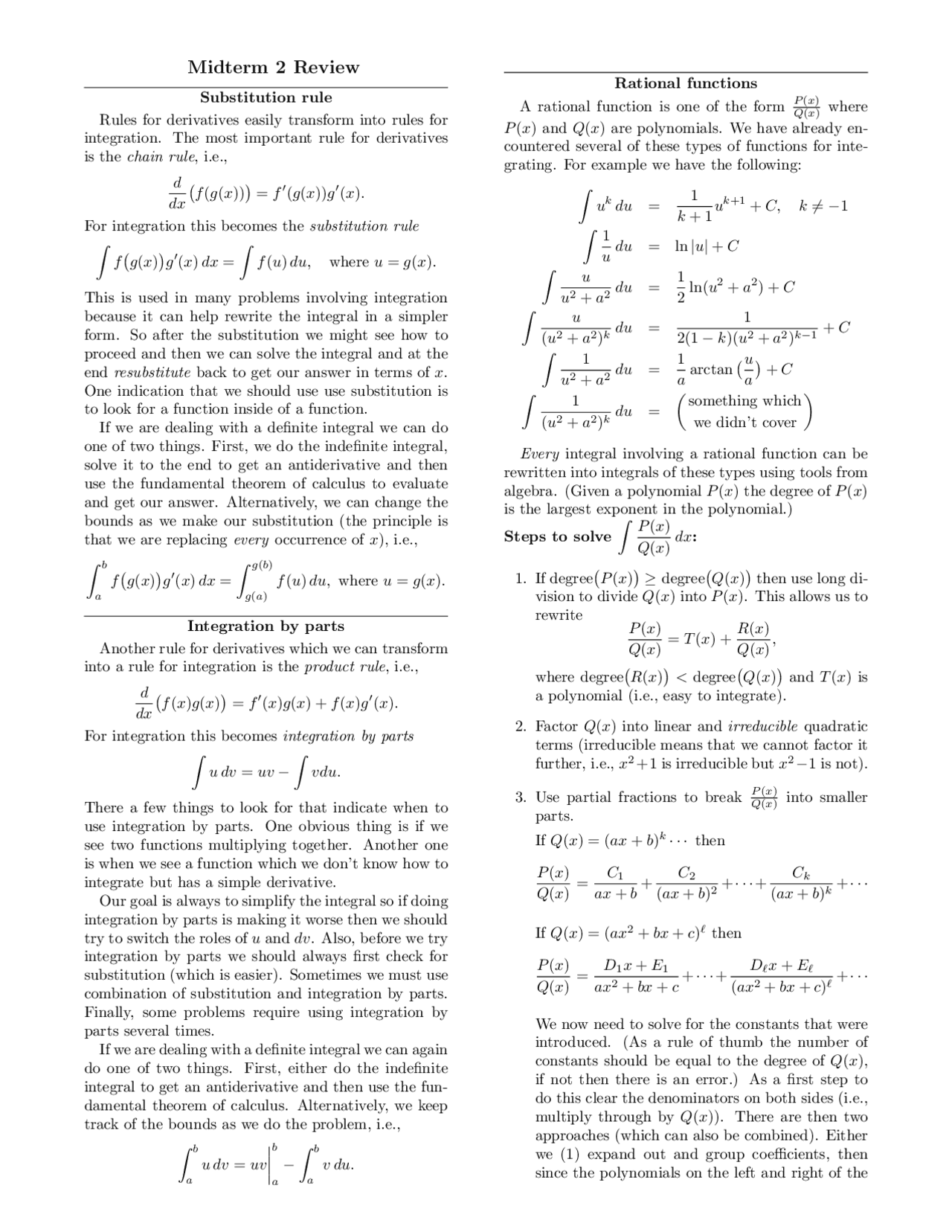 Substitution Rule, Rational Functions, Integration - Midterm Review | MATH 3B | Exams ...