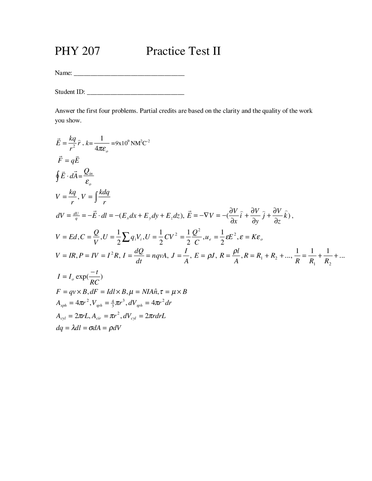 University Physics I - Practice Test II | PHY 207 - Docsity