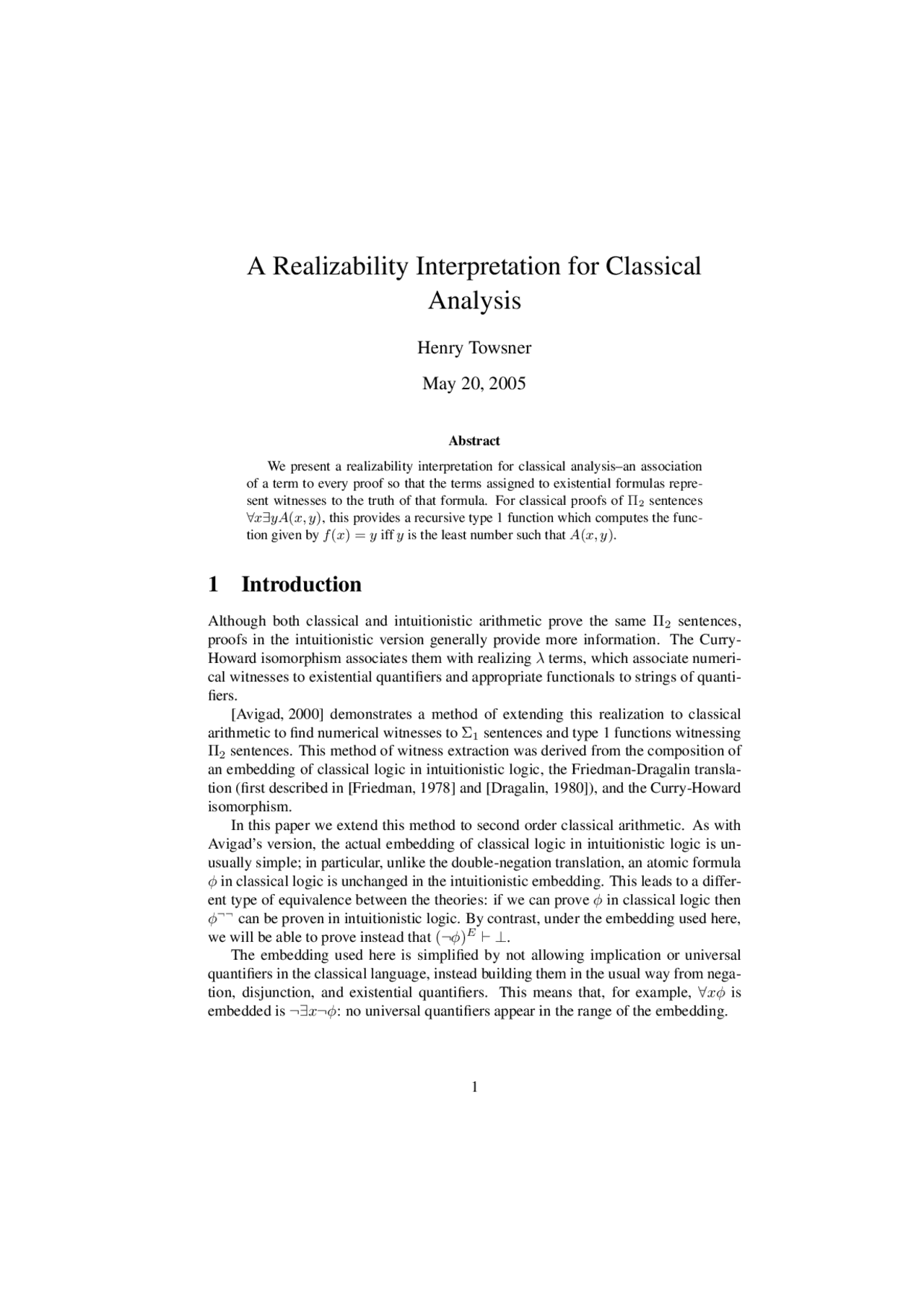 A Realizability Interpretation for Classical Analysis | MATH 0209A - Docsity
