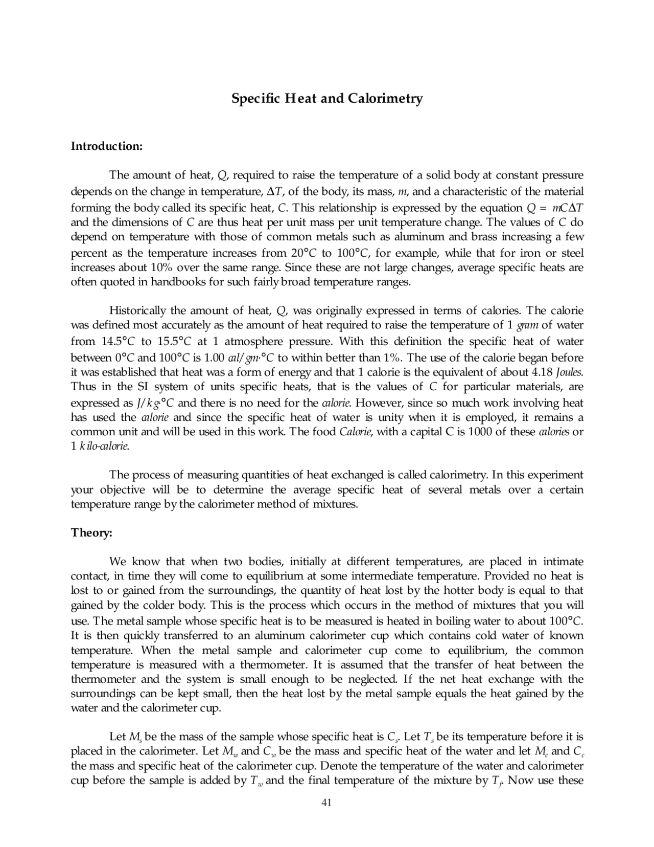 Specific Heat And Calorimetry Lecture Notes Phy 2048c Docsity