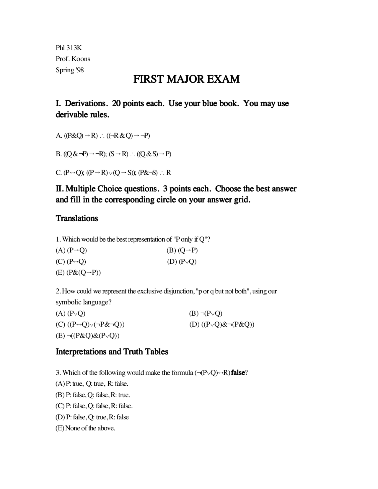 Exam For Introductory Symbolic Logic Phl 313 Docsity