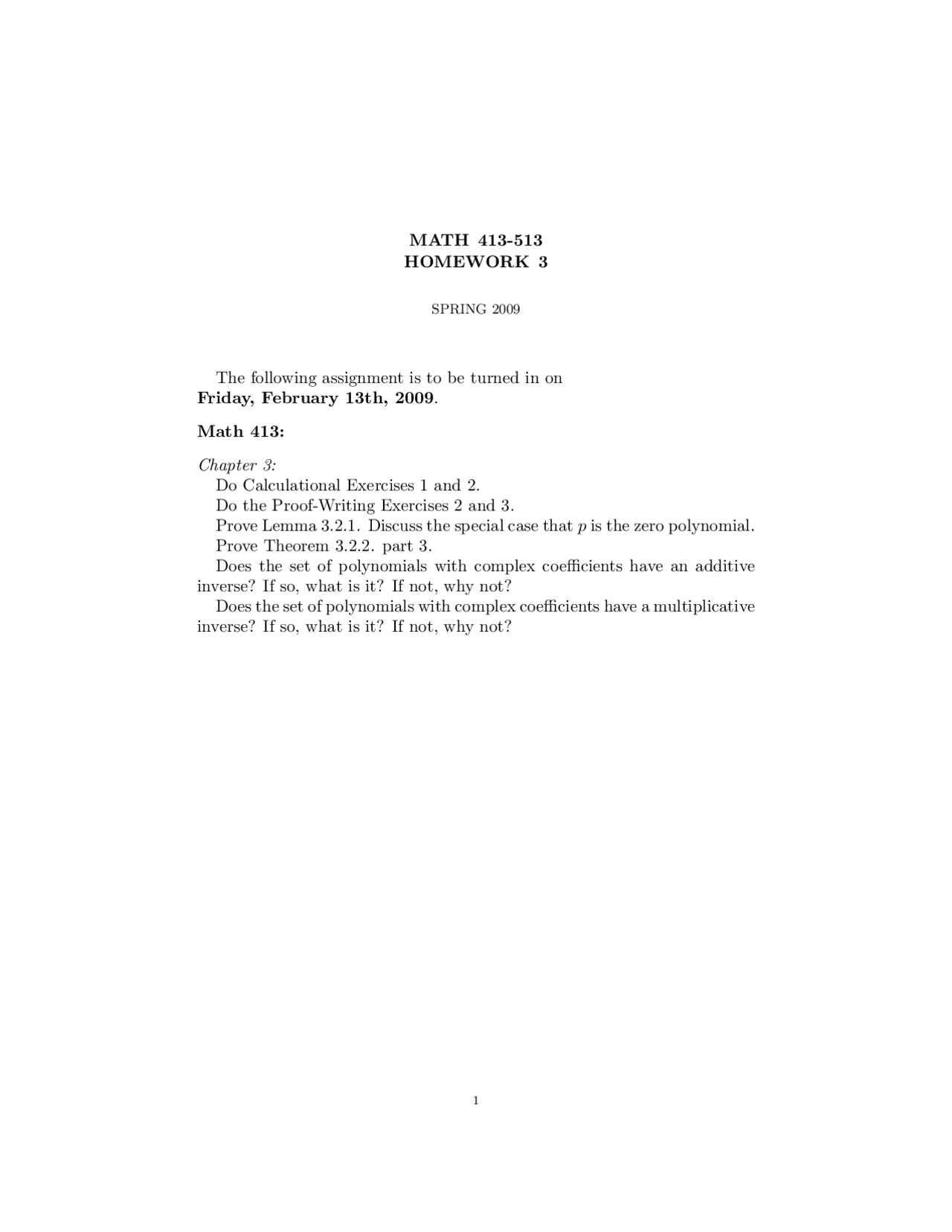 Homework Iii Questions Unsolved Linear Algebra Math 413 Docsity