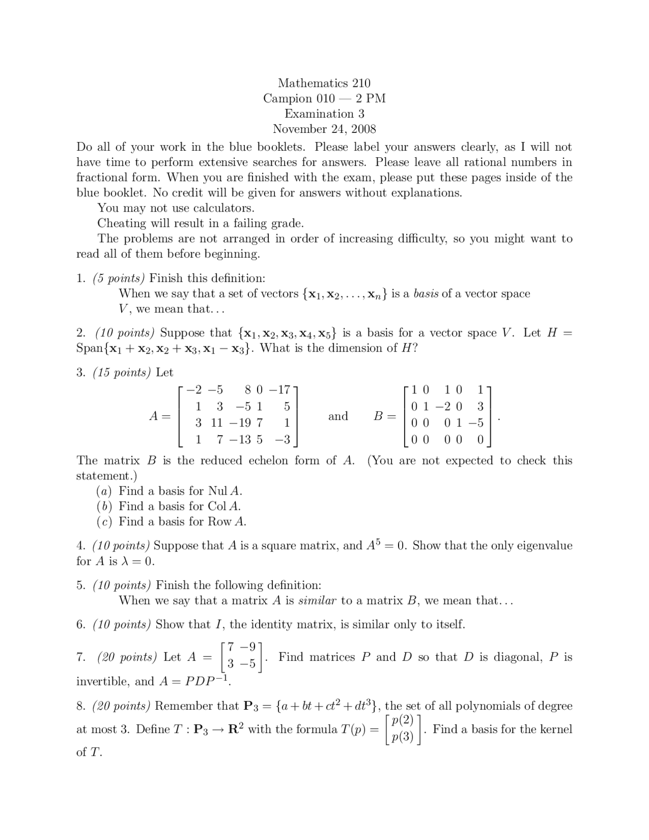 Exam 3 with 8 Questions for Linear Algebra | MT 210 - Docsity
