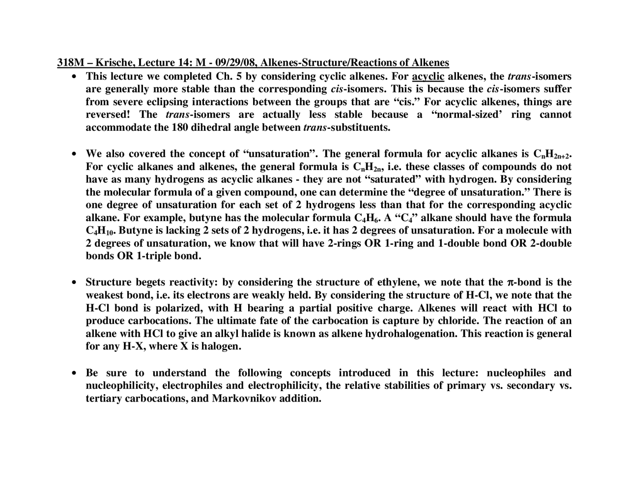 Notes On Alkenes Structure Organic Chemistry Ch 318m Docsity
