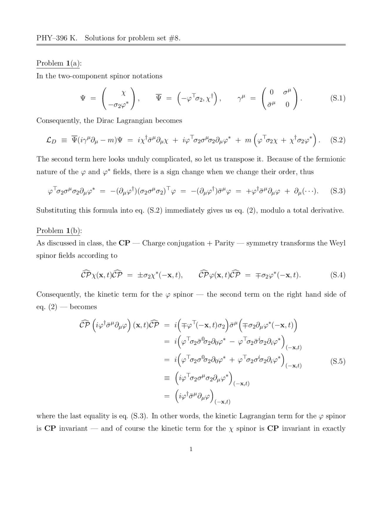 Quantum Field Theory I Solved Problem Set 8 Phy 396k Docsity