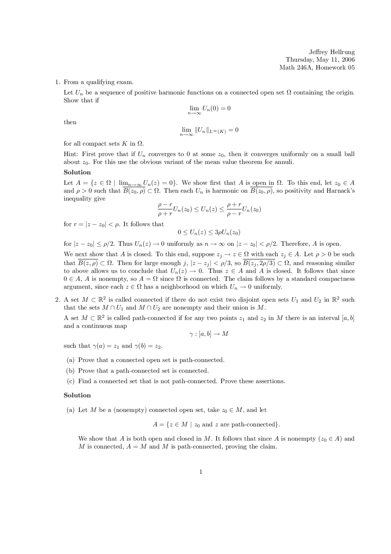 Homework 5 Solutions Complex Analysis Fall 2006 Math 246a Docsity