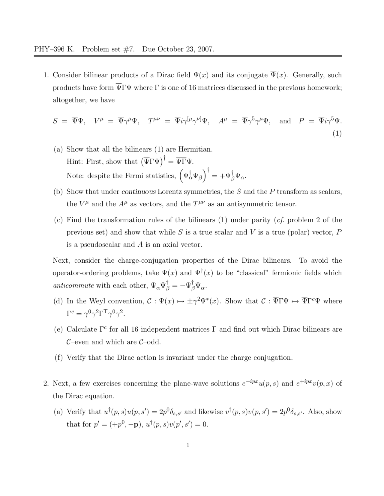 Assignment 7 Questions Quantum Field Theory I Phy 396k Docsity