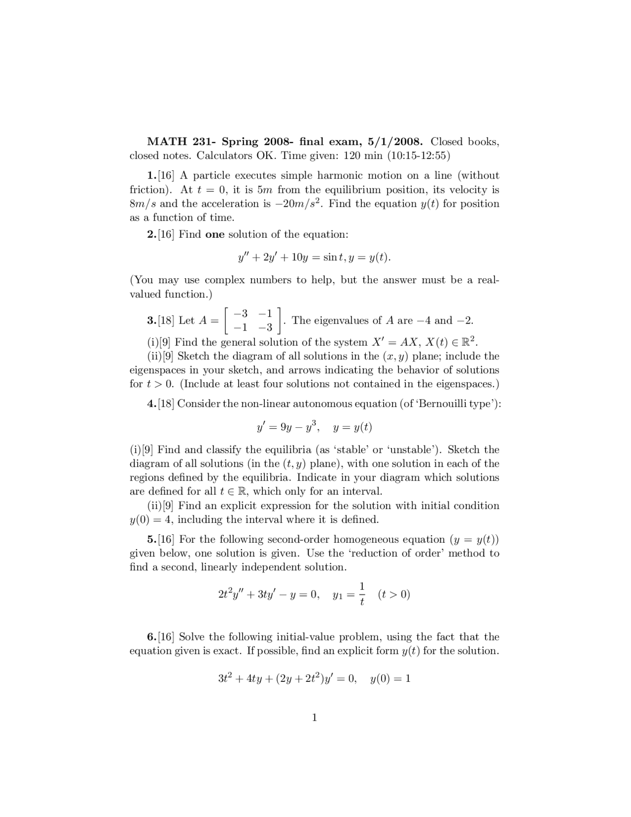 MATH 231 Spring 2008 Final Exam: Solutions for Select Problems | Exams Differential Equations ...