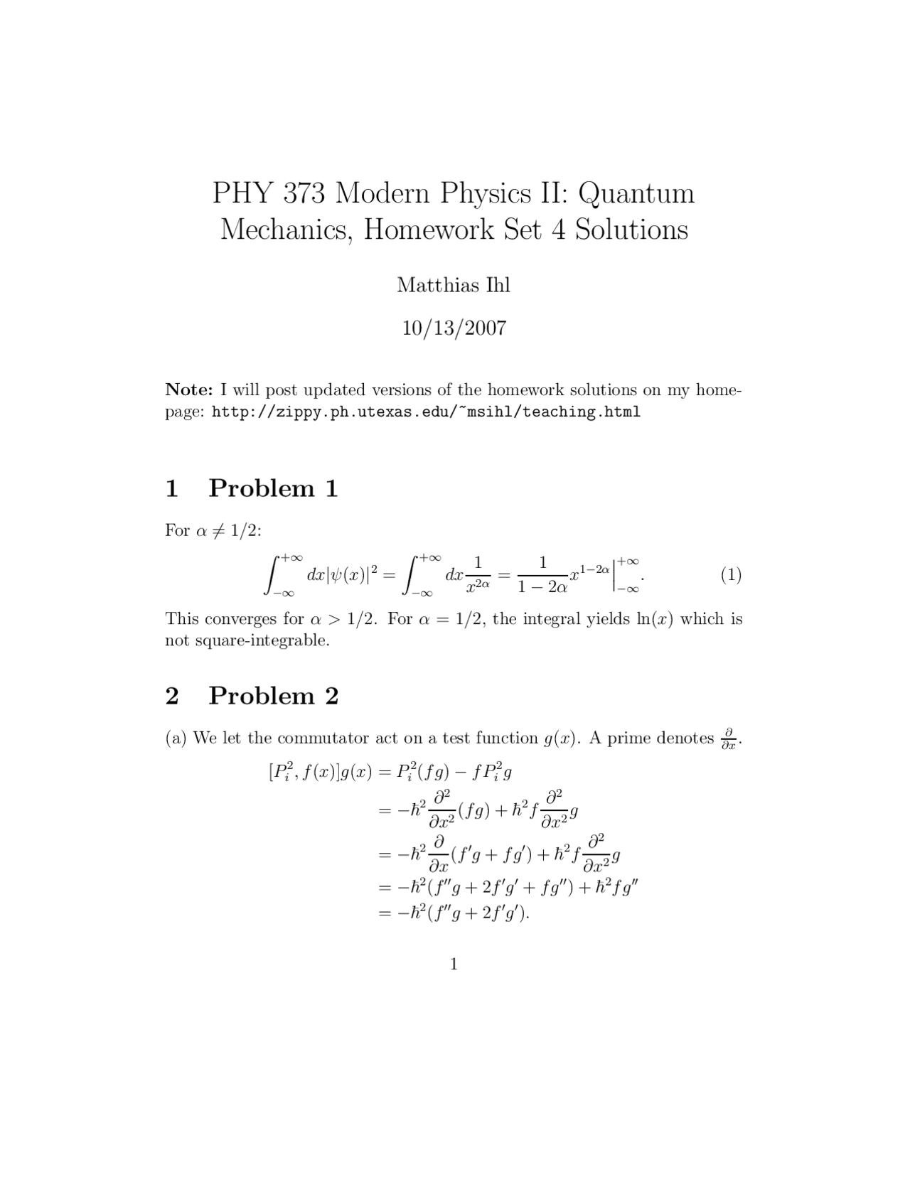 Quantum Physics I Foundations Homework Set 4 Solutions Phy 373