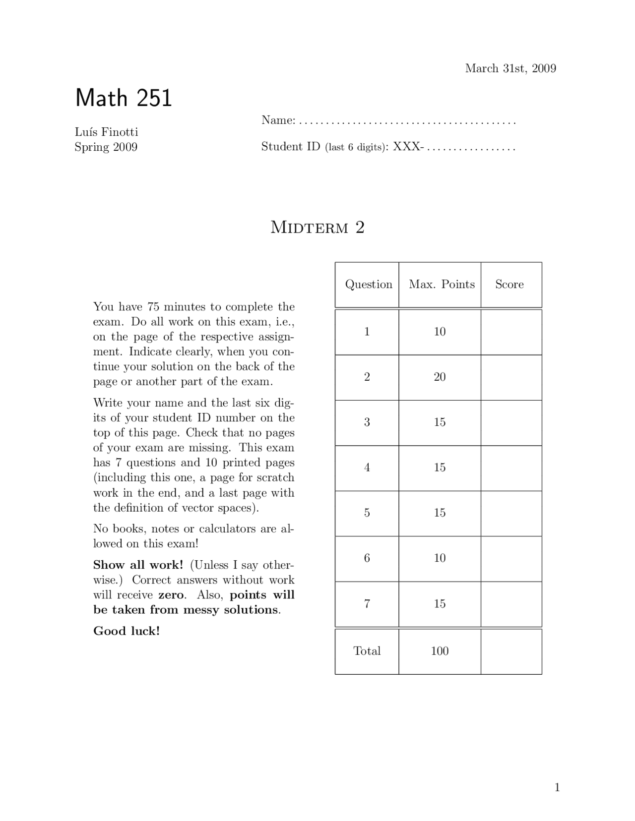 Spring 2009 Math 251 Midterm 2 Exam | Exams Mathematics | Docsity
