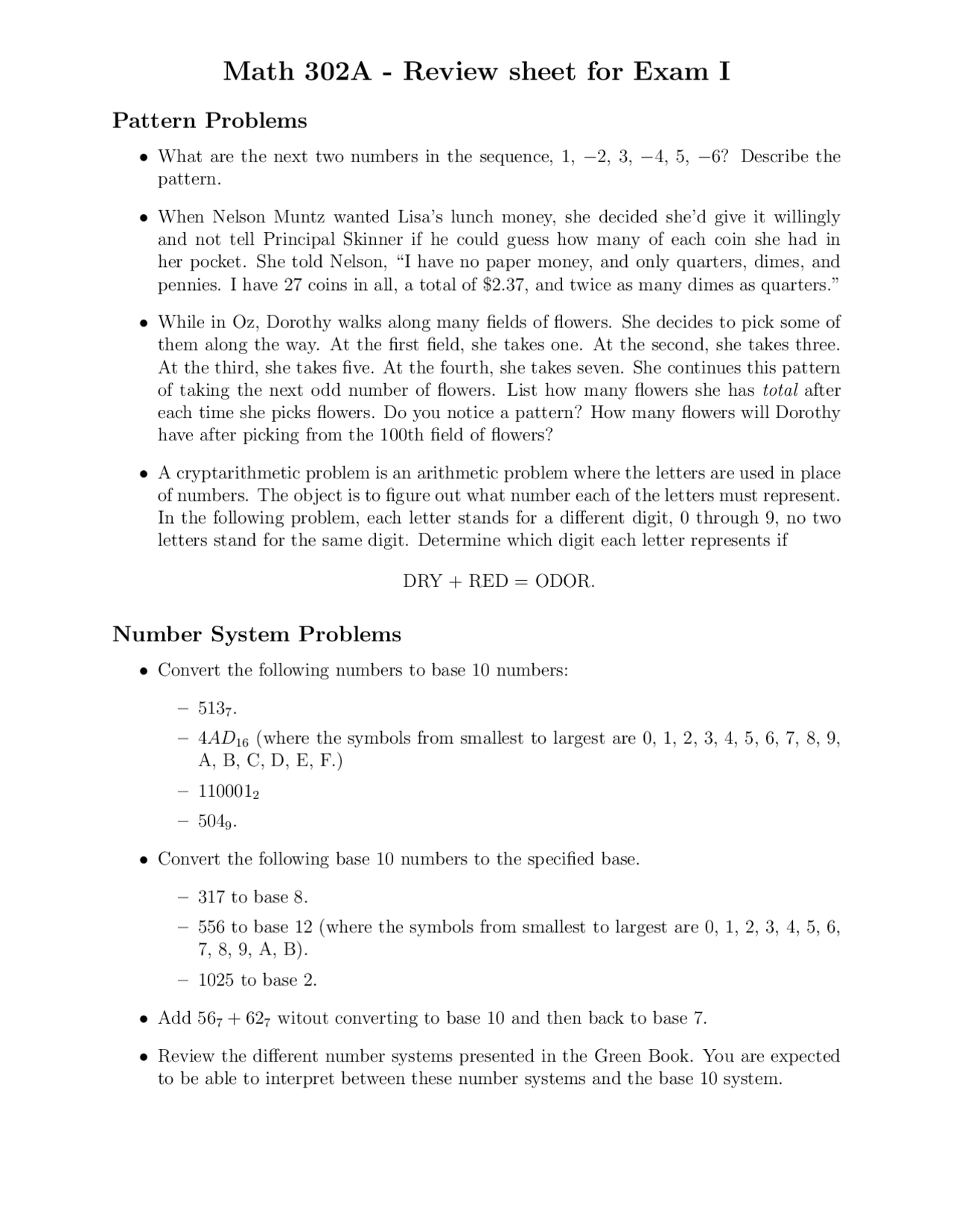 Understanding Elementary Mathematics Review Sheet For Exam 1 Math