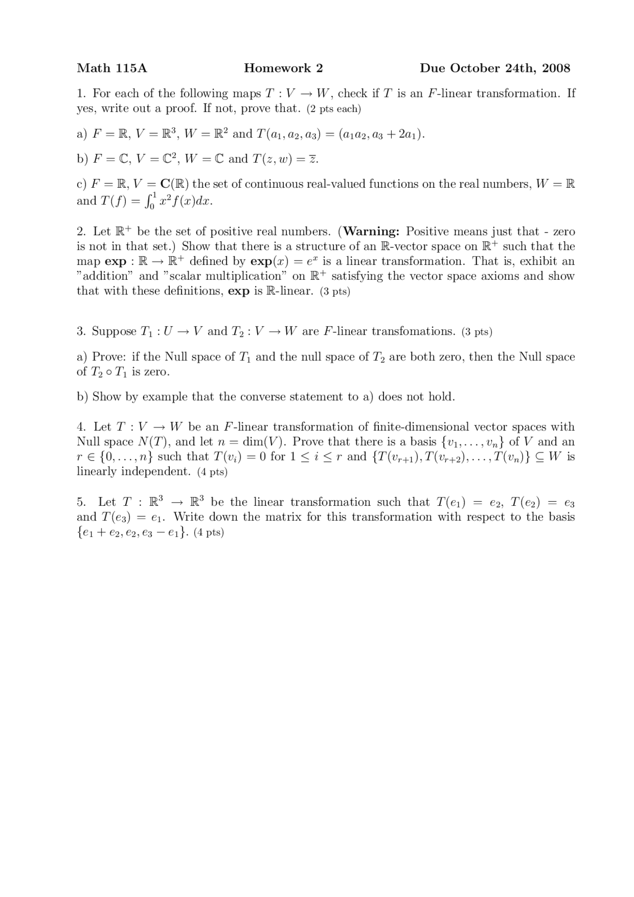 Homework 2 Questions - Linear Algebra - Fall 2008 | MATH 115A - Docsity