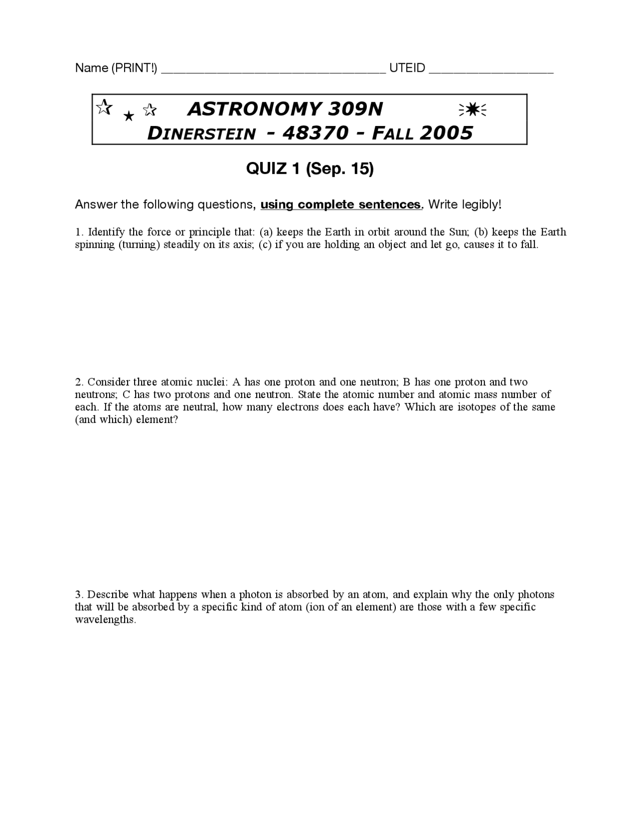 3 Questions Of Quiz 1 Lives And Deaths Of Stars Ast 309n Docsity