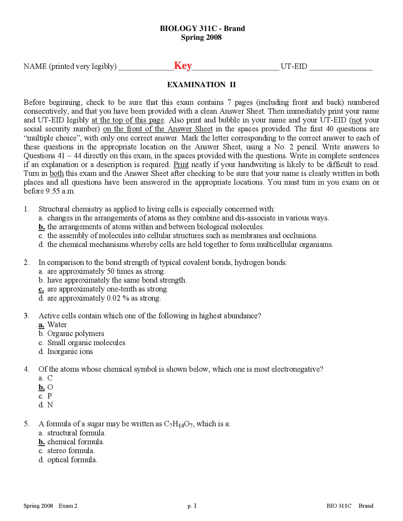 Exam 2 With Answer Key Introductory Biology I Bio 311c Exams