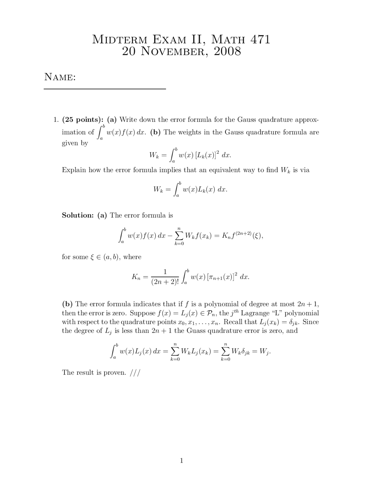 Midterm Exam 2 Solution Numerical Analysis 2008 Math 471 Docsity