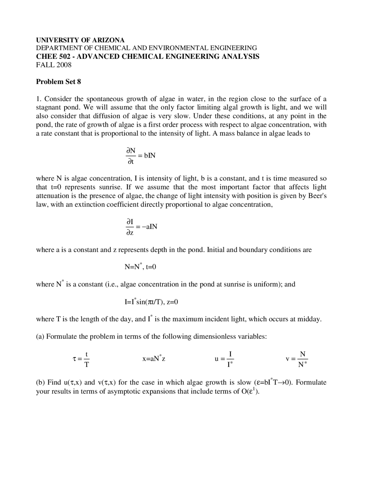 Problem Set 8 Advanced Chemical Engineering Analysis Chee 502 Docsity
