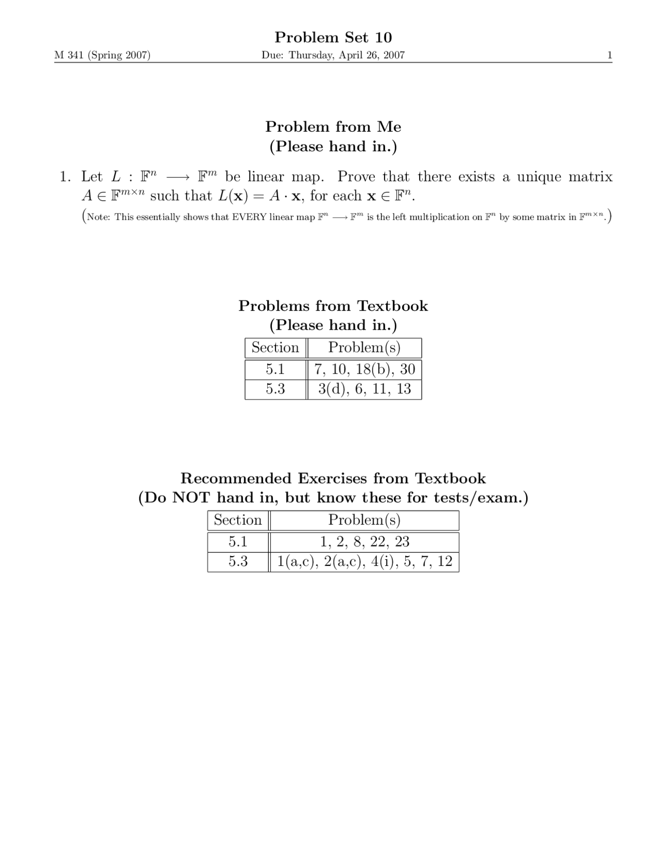 Linear Algebra and Matrix Theory - Homework 10 Questions | M 341 - Docsity