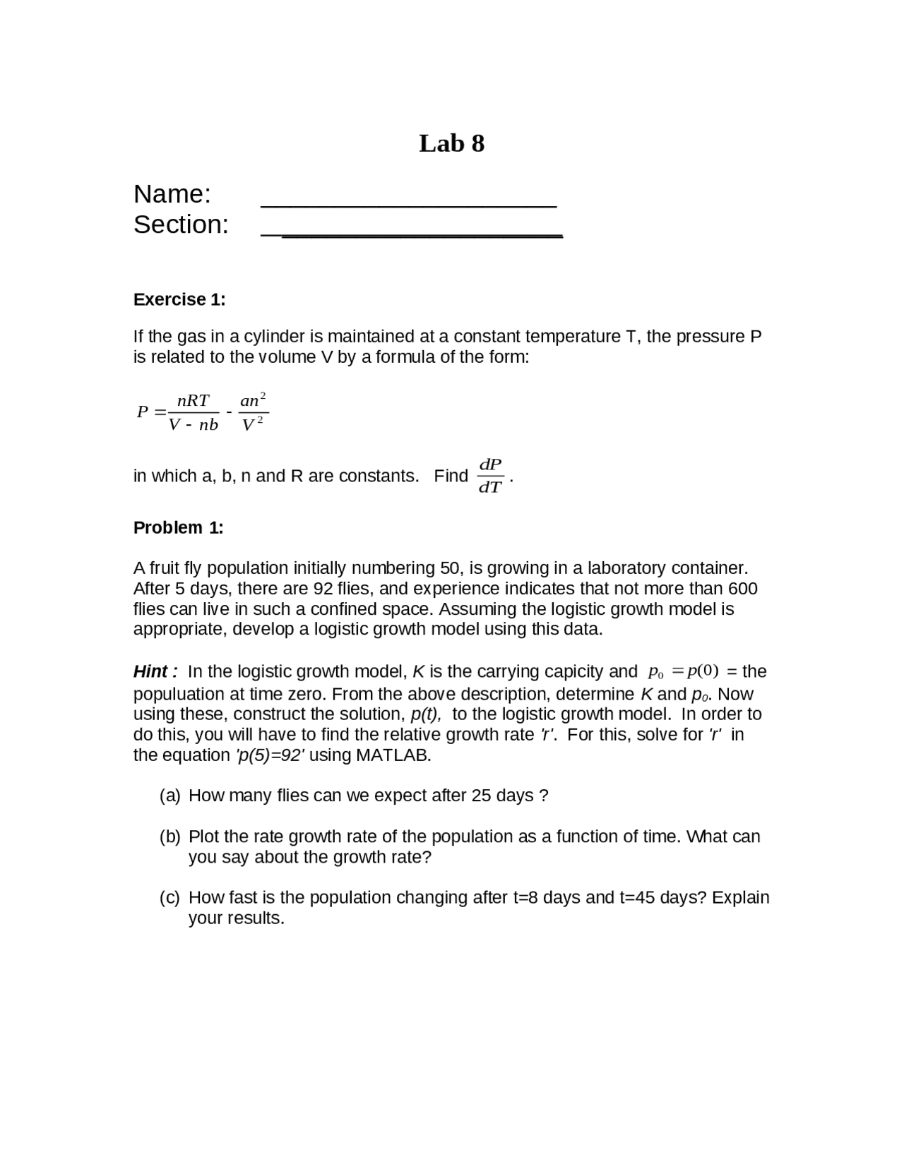 Laboratory 8 With 2 Exercise Problems On Computational Linear Algebra
