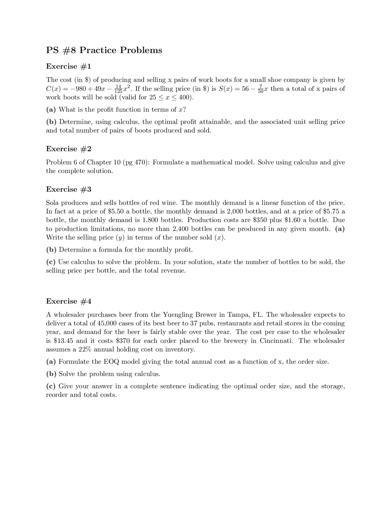 Assignment 8 Practice Problems - Mathematics for Management Science | MT 235 - Docsity